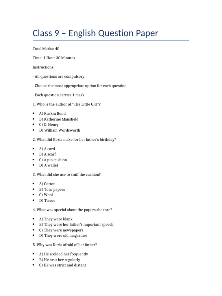 Class 9 English MCQ Question Paper | PDF