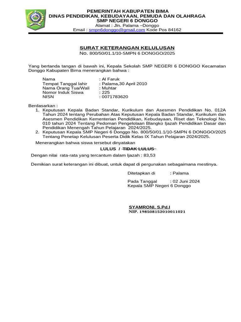 Surat Keterangan Lulus | PDF