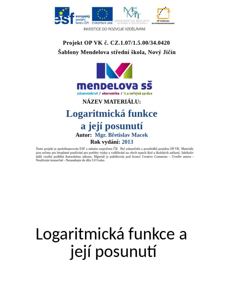 TY01 0210 - Logaritmicka Funkce A Jeji Posunuti | PDF