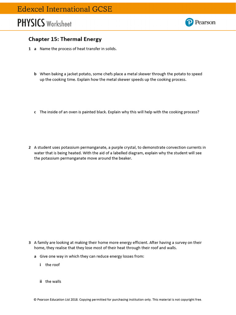 IGCSE Physics Worksheet 15 Thermal Energy | PDF