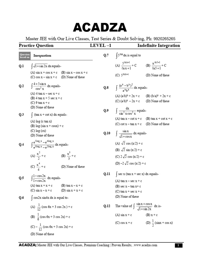 JEE Integration Practice Questions | PDF