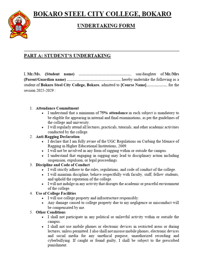 Bokaro Steel City College Undertaking Form | PDF | Justice | Crime ...