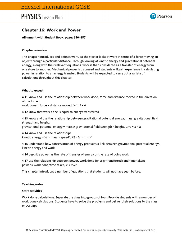 IGCSE - Physics - Lesson Plan 16 - Work and Power | PDF | Potential Energy | Force