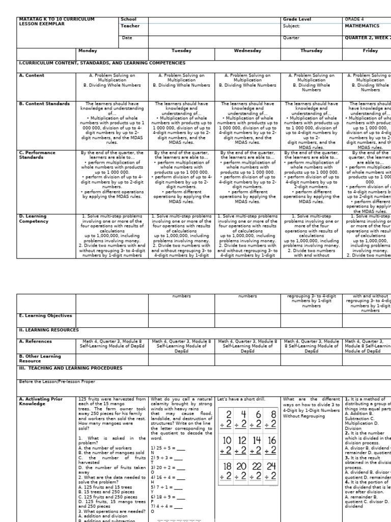 Grade 4 Math DLL Q2 Week 2 Guide | PDF | Division (Mathematics ...