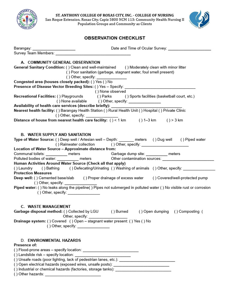 Community Health Nursing Observation Checklist | PDF | Sanitation ...
