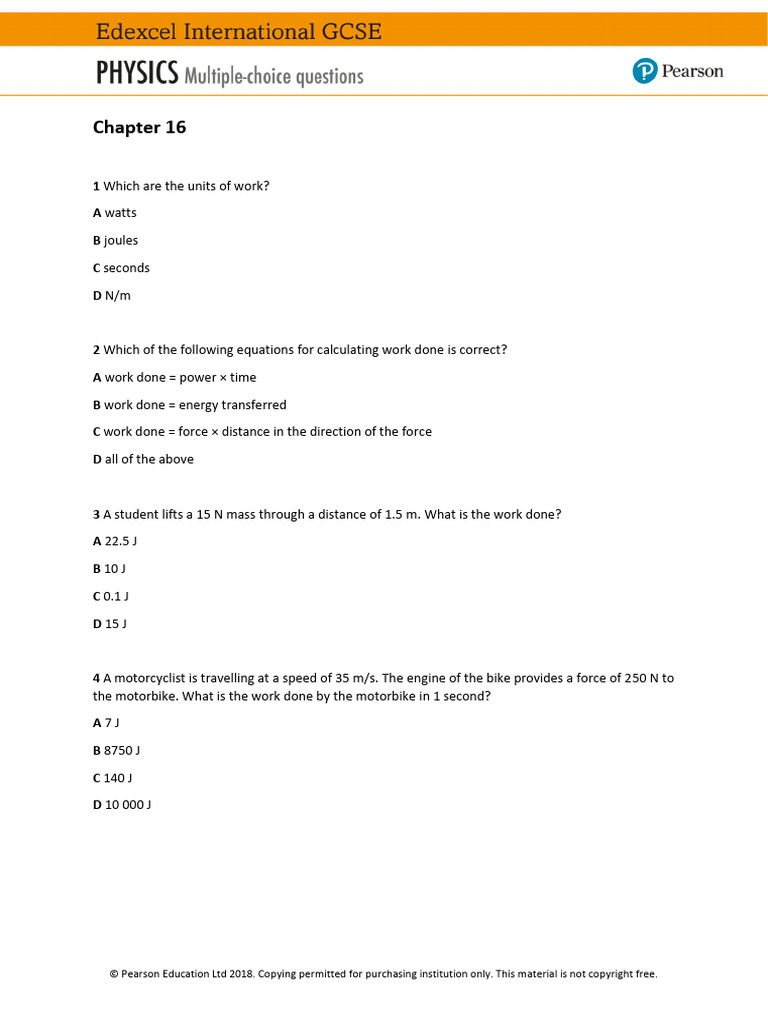 IGCSE Physics MCQ 16 Work and Power | PDF | Potential Energy | Mass