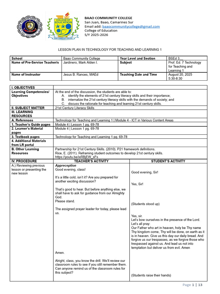 Lesson Plan: 21st Century Literacy Skills | PDF | Critical Thinking ...