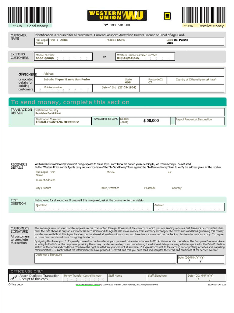 PDF Western Union Money Transfer Form Compress 00 | PDF | Wire Transfer ...