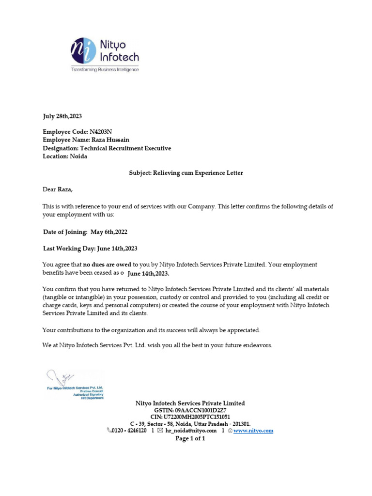 Raza Hussain - Relieving Letter | PDF