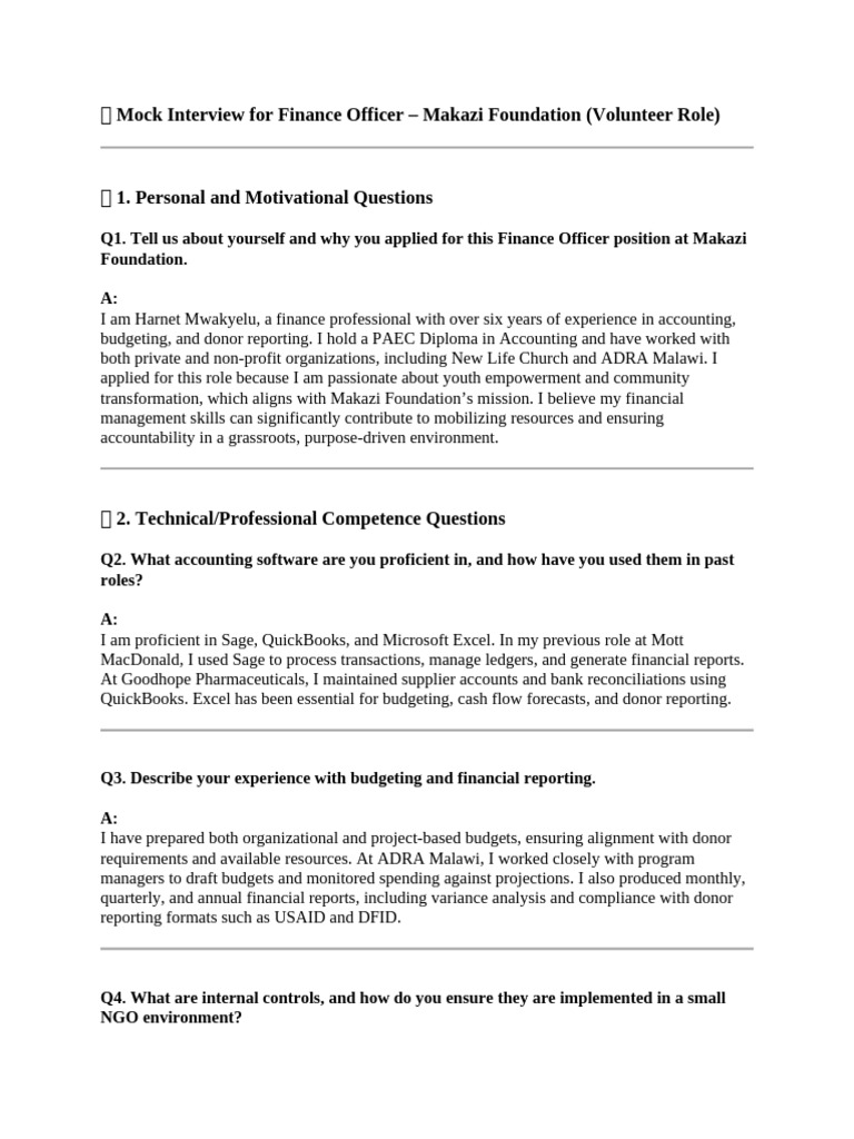 Mock Interview Guide for Finance Officer | PDF | Audit | Regulatory ...