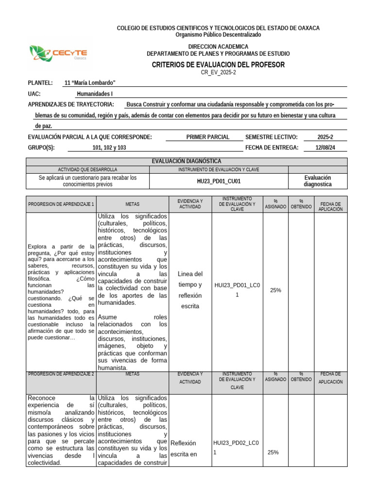 Crit de Ev Humanid Primer Par | PDF | Evaluación | Humanidades