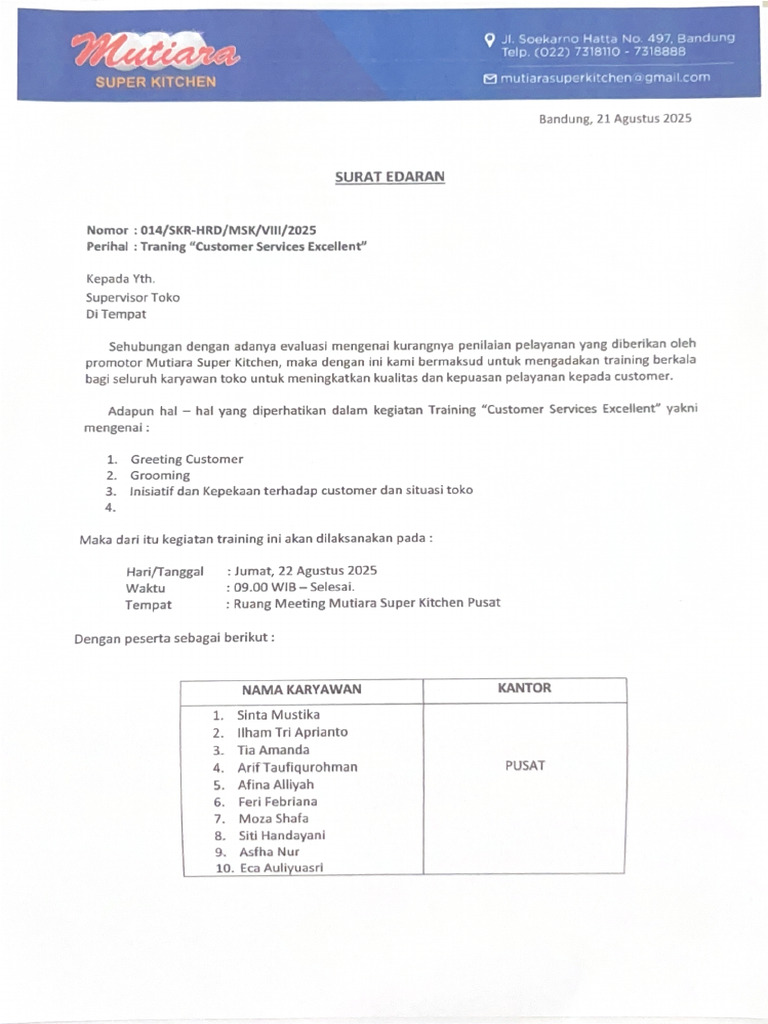 Surat Edaran Training Minggu 8 | PDF