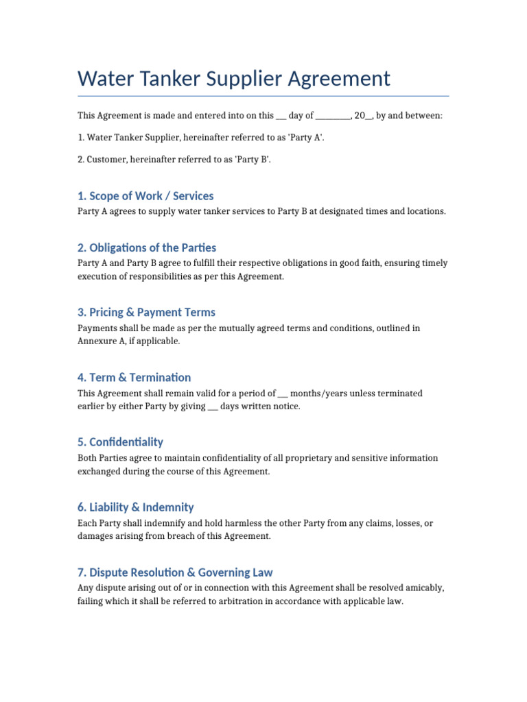 Water Tanker Supplier Agreement | PDF