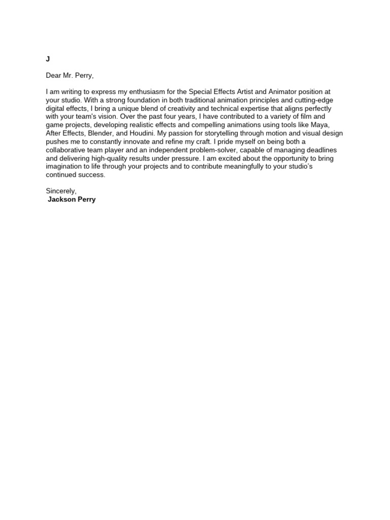 Animator Cover Letter for FX Position | PDF