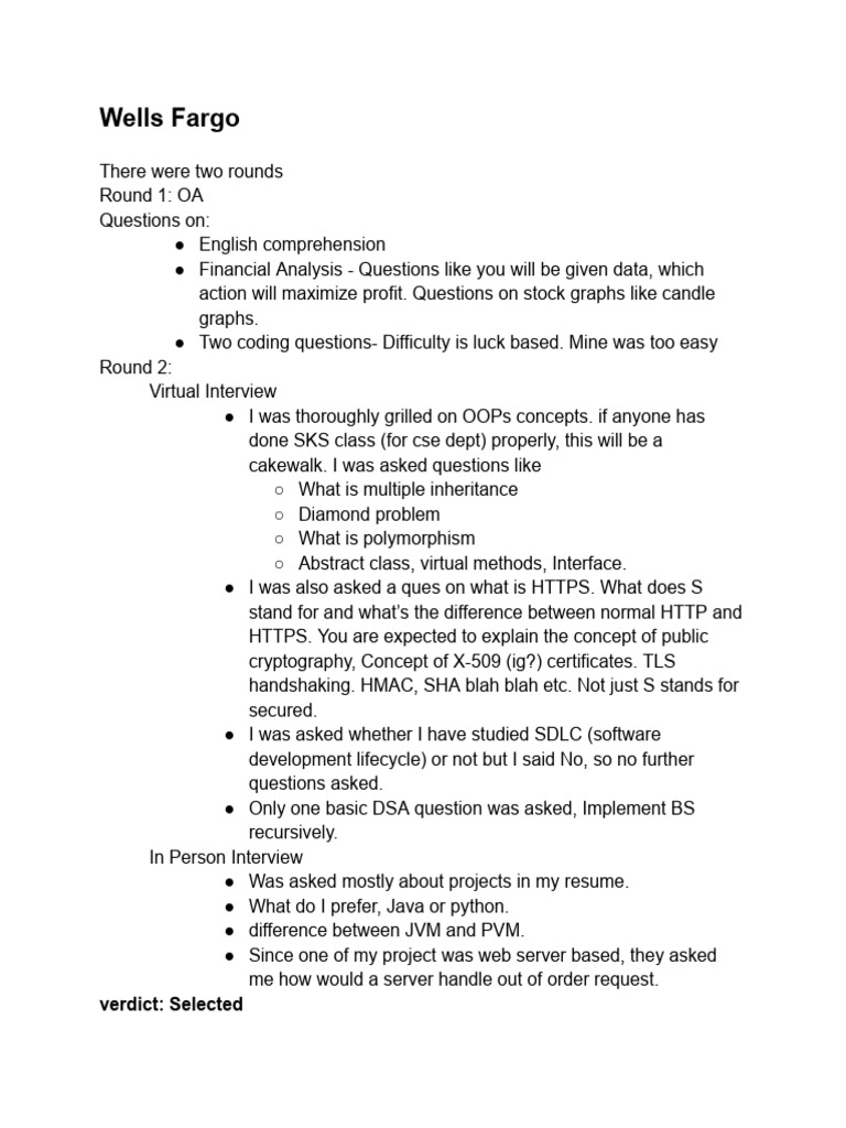 Wells Fargo Interview Process Insights | PDF