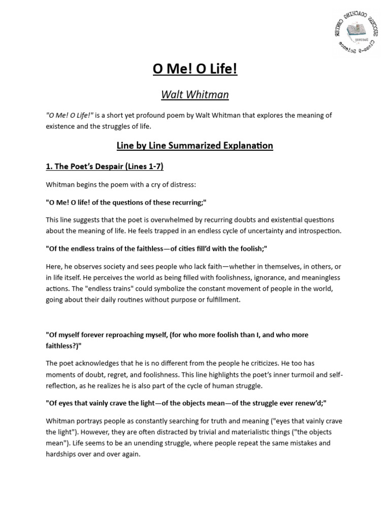 O Me! O Life! (Poem Line by Line Explanation and Summary) | PDF ...