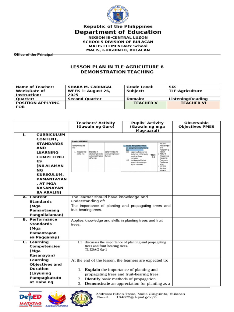 TLE Agriculture Lesson Plan for Grade 6 | PDF | Trees | Teachers