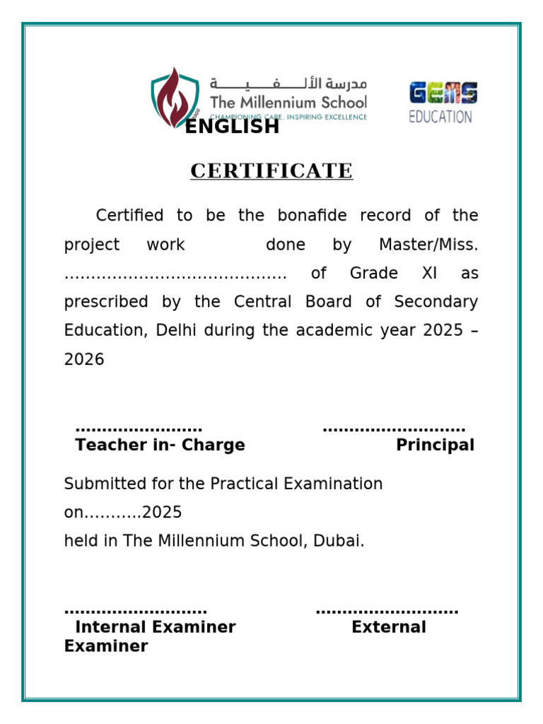 Project Certificate for Grade XI | PDF