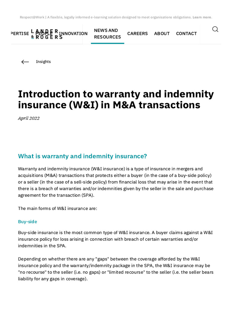 What Is Warranty and Indemnity (W&I) Insurance | PDF | Insurance ...