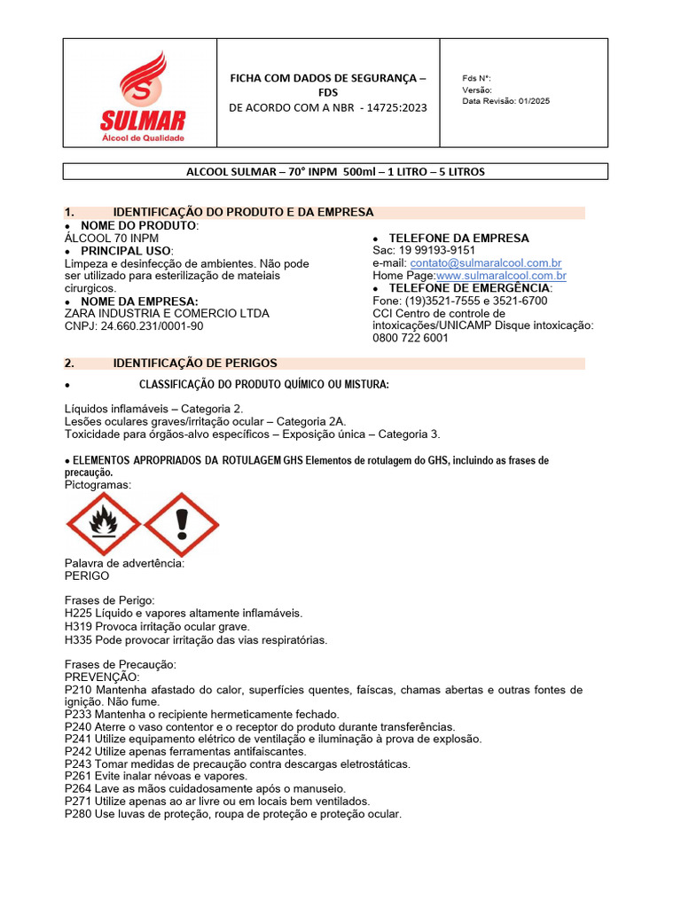 Ficha de Segurança do Álcool 70 Sulmar | PDF | Etanol | Solubilidade
