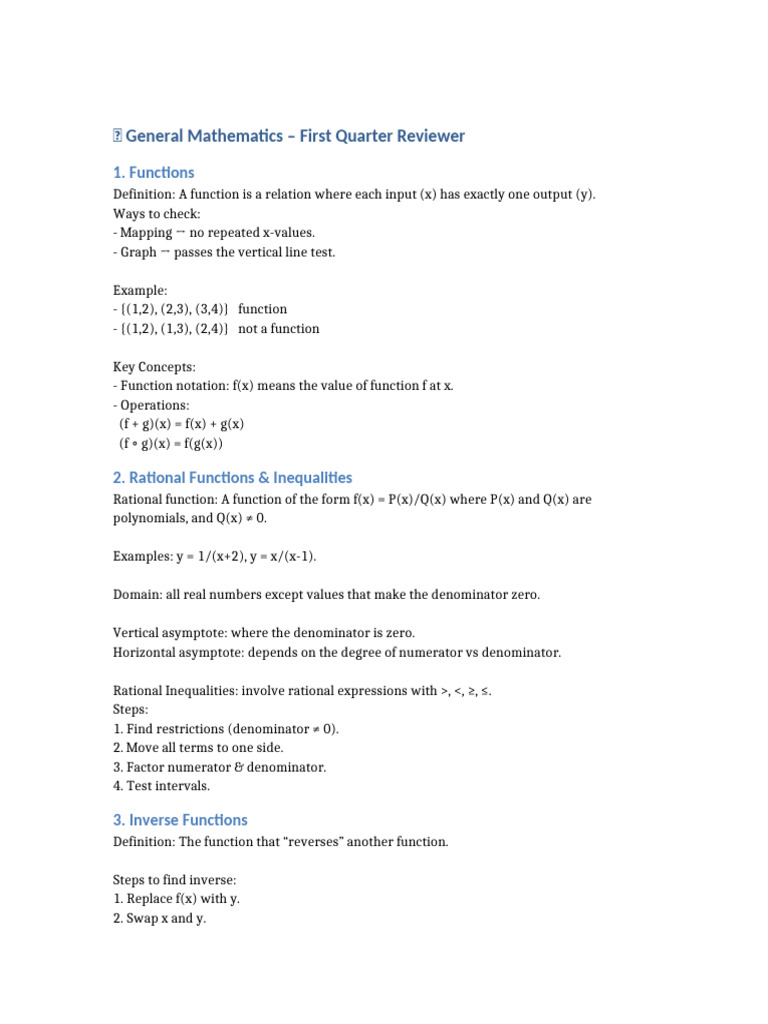 General Math Q1 Reviewer | PDF | Function (Mathematics) | Logarithm