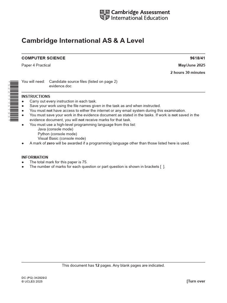 Cambridge International AS & A Level: Computer Science 9618/41 | PDF ...