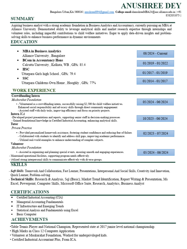 Anushree Dey'S - Resume PDF..... (A Dey) | PDF | Skill | Analytics