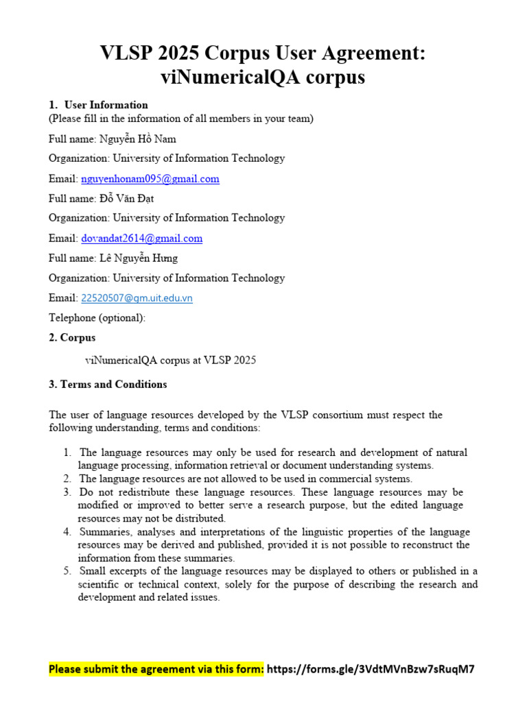 VLSP 2025 Corpus User Agreement Form | PDF