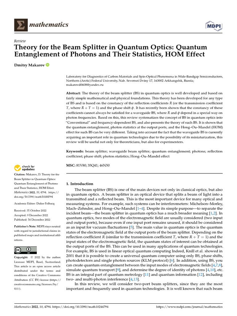 Theory For The Beam Splitter in Quantum Optics Qua | PDF | Photon | Physics