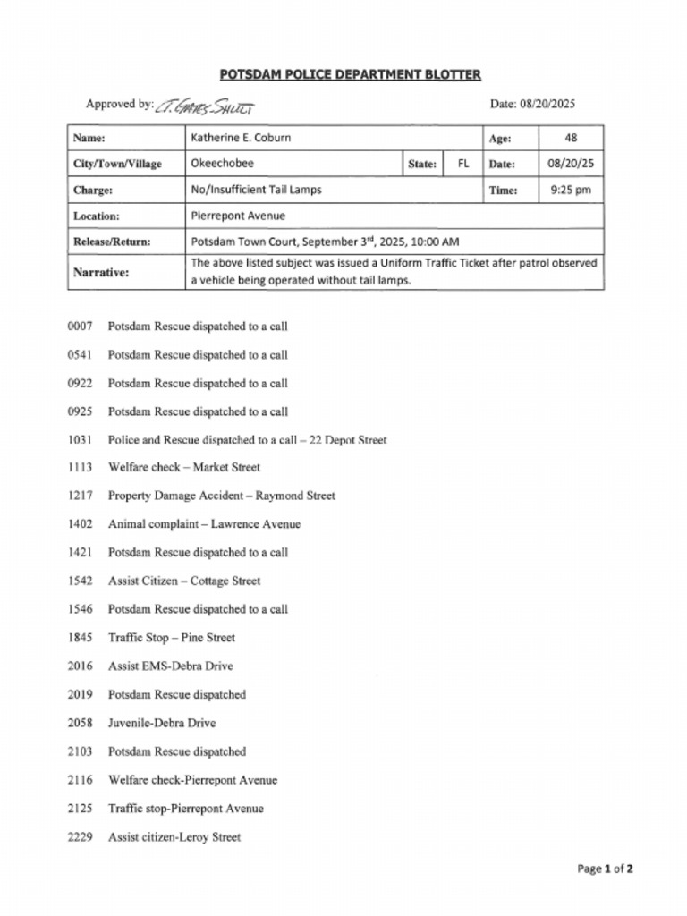 Potsdam Village Police Dept. Blotter Aug. 20, 2025 | PDF