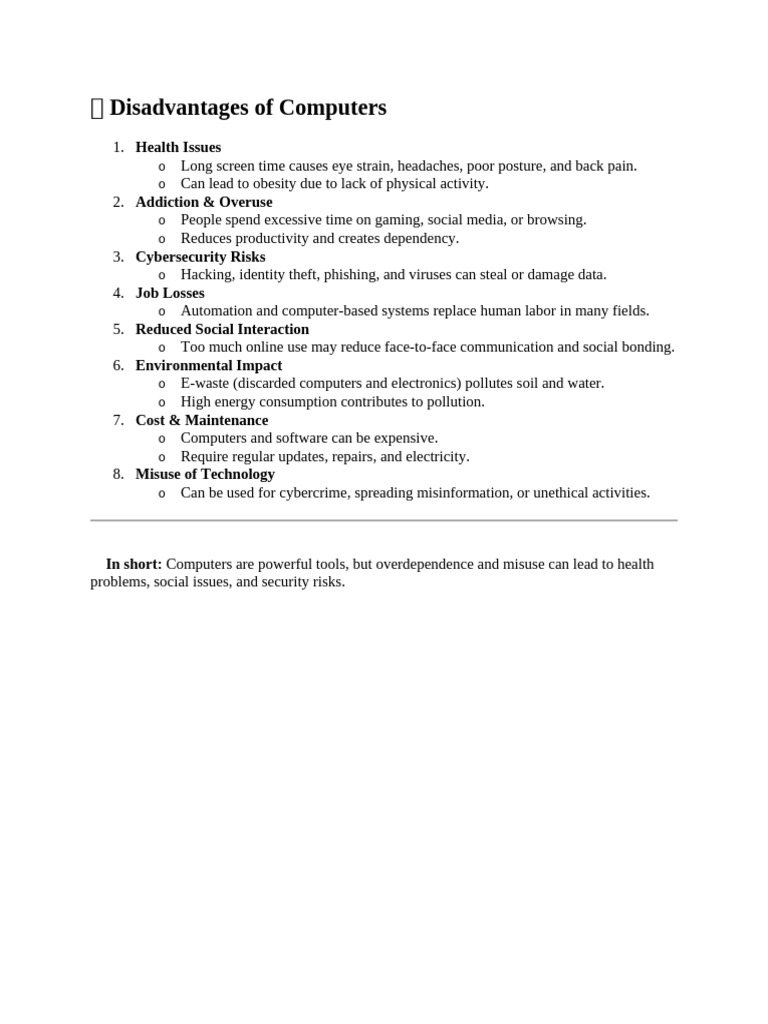 Disadvantages of Computer Usage | PDF