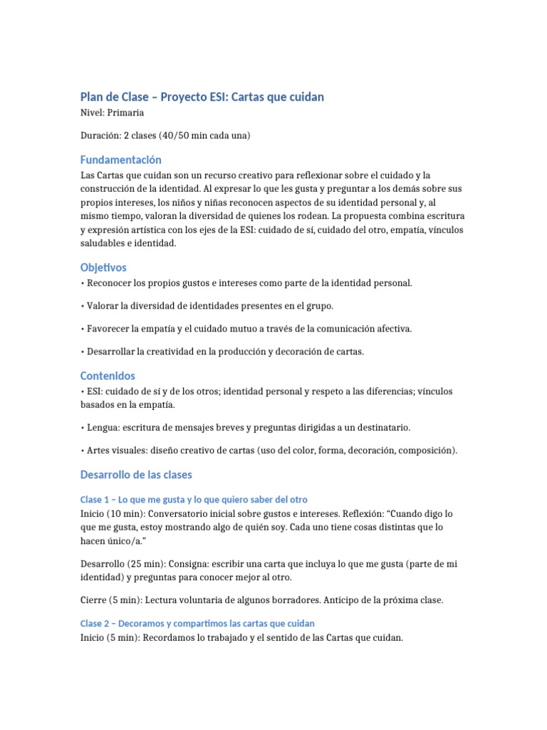 Plan de Clase ESI Cartas Que Cuidan | PDF