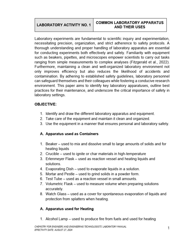 Lab Activity 1 - Common Laboratory Apparatus & Laboratory Safety | PDF | Laboratories | Acid