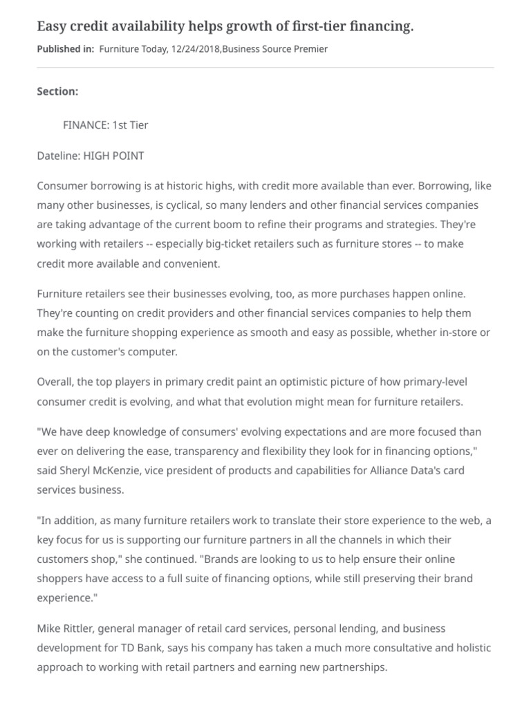 Easy Credit Availability Helps Growth of First-Tier Financing. - EBSCO ...