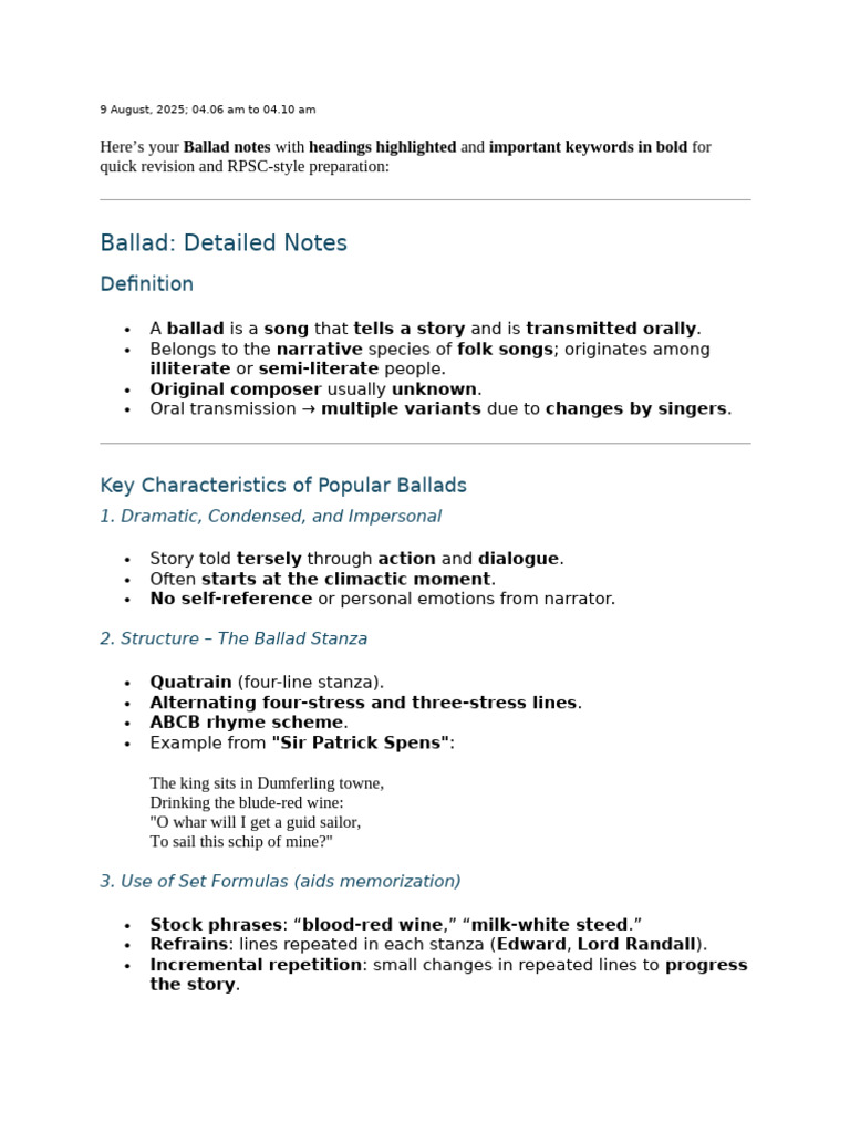 Ballad Study Notes and MCQs | PDF | Ballad | Poetry