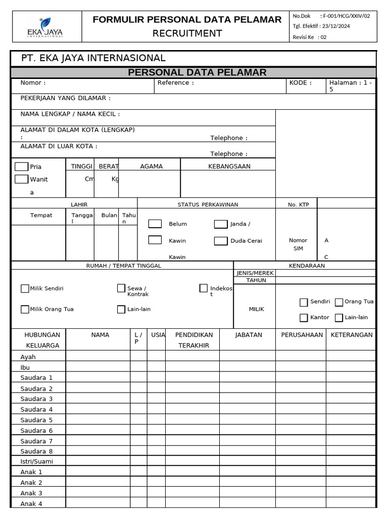 F-001.HCG - Xxiv.02 Form Personal Data Pelamar | PDF
