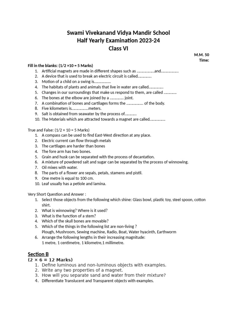 Class 6 Science Half Yearly Exam Paper | PDF