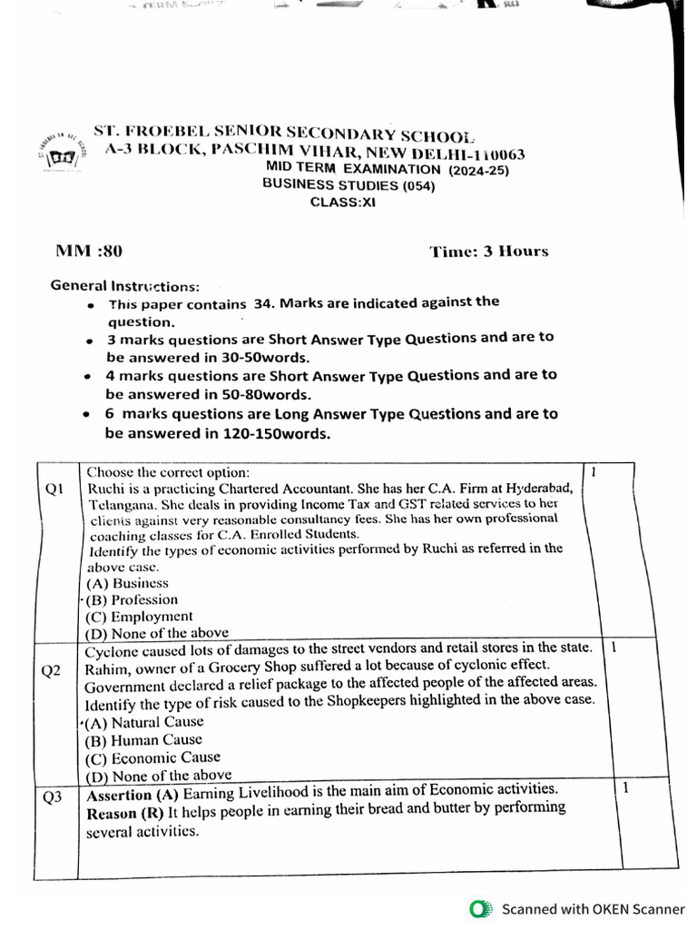 Class XI BST St. Froebel HY 2024-25 | PDF