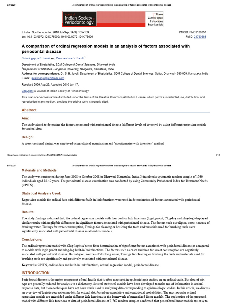Ordinal Regression Models for Periodontal Disease | PDF | Logistic ...