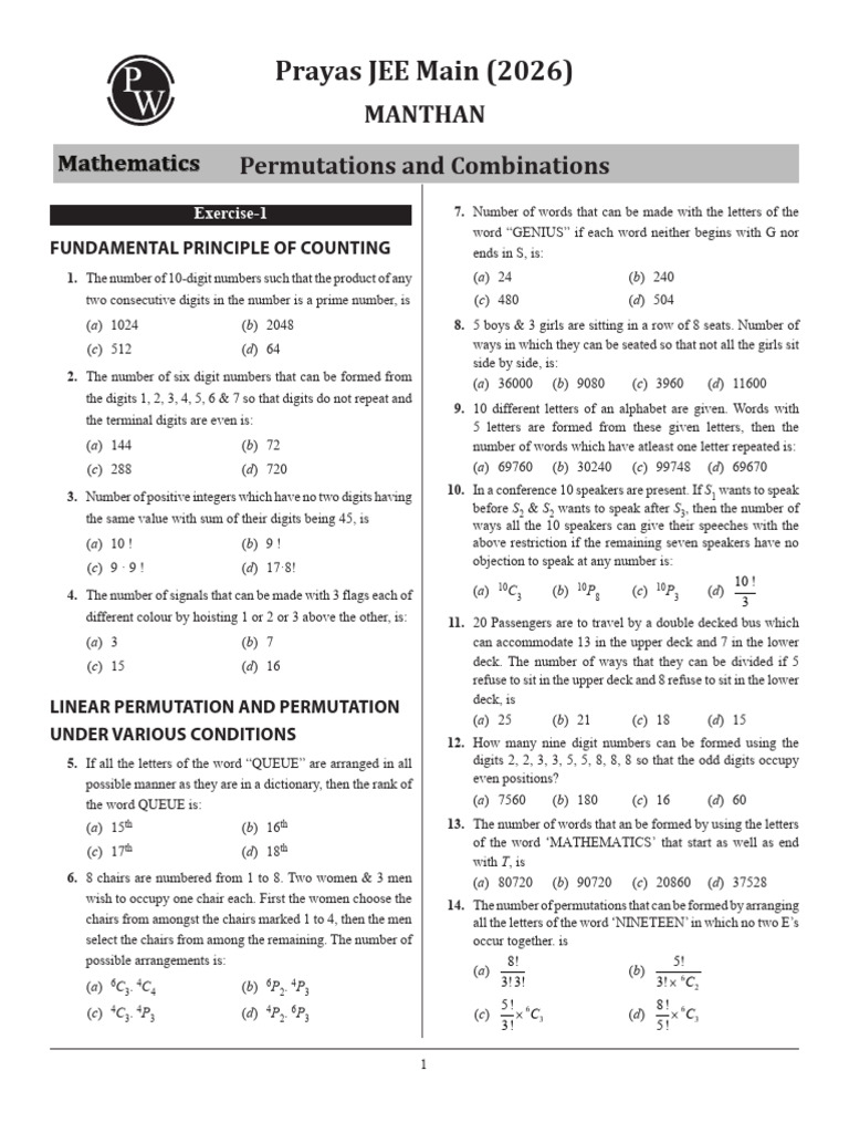 Counting Principles and Permutations Exercises | PDF | Numbers ...
