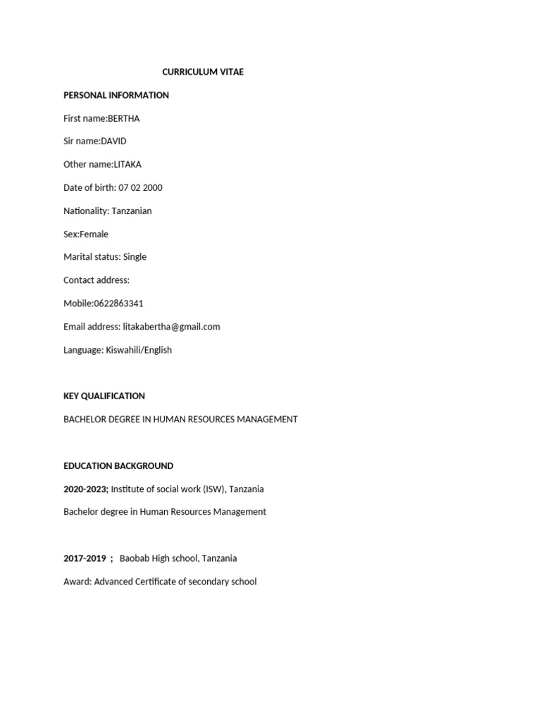 Bertha David's CV: HR Management Graduate | PDF