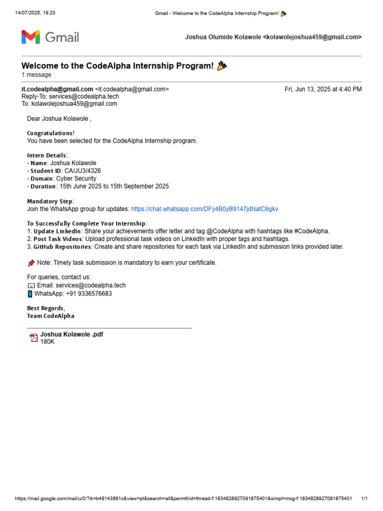 Gmail - Welcome To The CodeAlpha Internship Program! ? | PDF