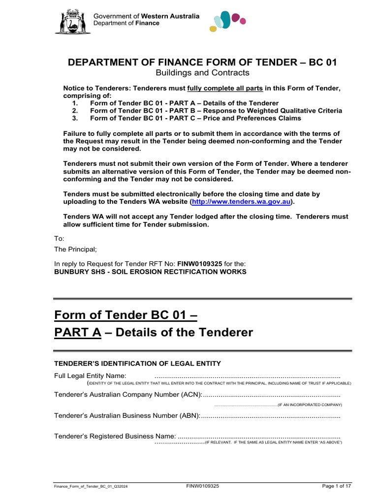 FORM FORM of TENDER BC 01 - V2 | PDF | Subcontractor