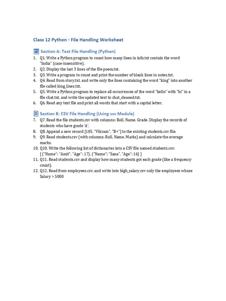 Class 12 File Handling Worksheet | PDF