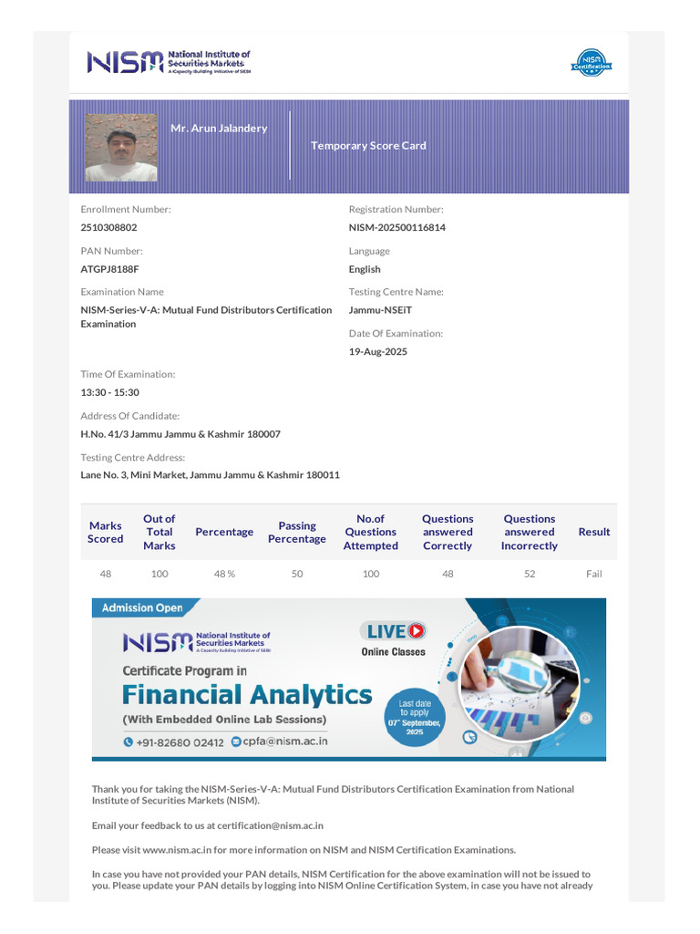 NISM 19th August 2025 TemporaryScoreCard | PDF