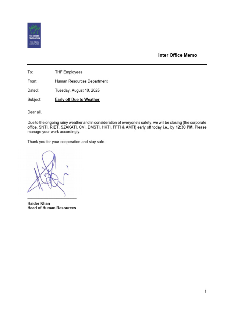 Inter Office Memo - Weather Conditions Off | PDF