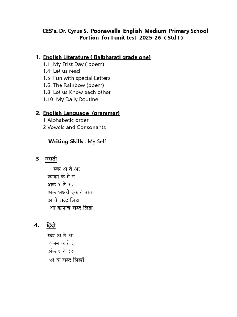 Portion & Timetable For I Unit Test 2025 | PDF