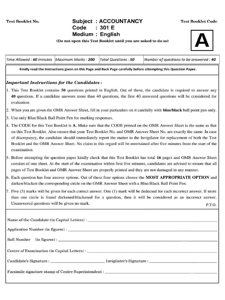 CUET 2024 Accountancy Question Paper With Answer Key Set A | PDF