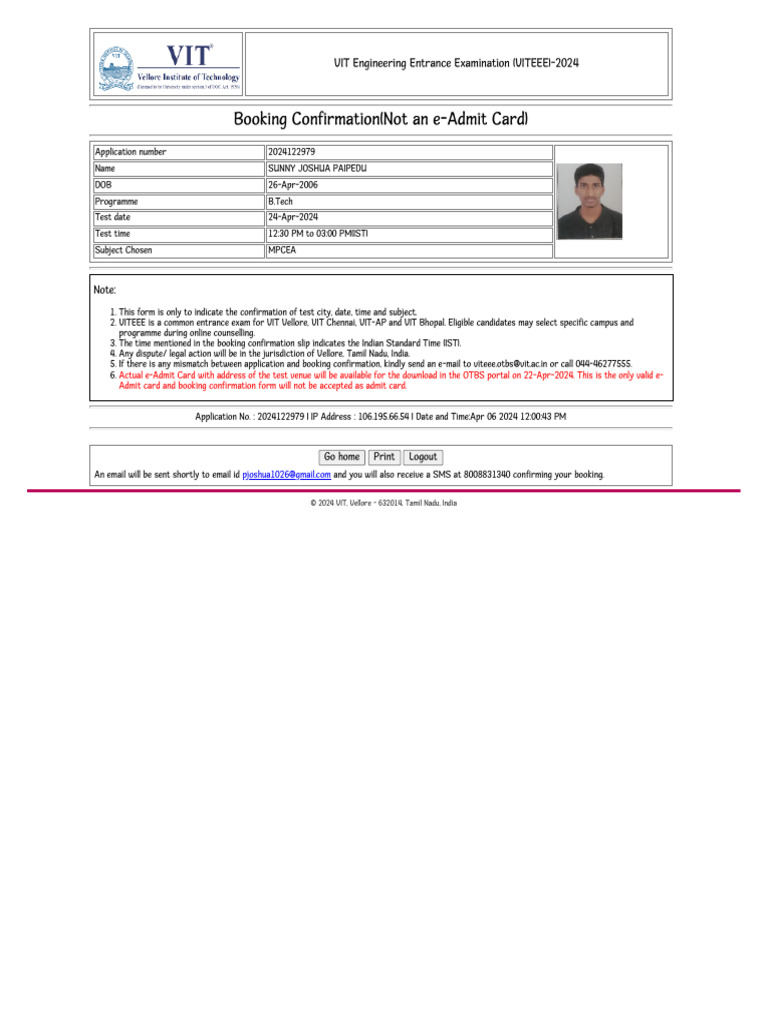 Booking Confirmation (Not An E-Admit Card) : VIT Engineering Entrance ...