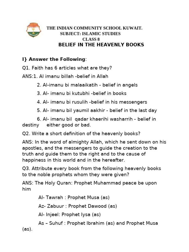 Belief in The Heavenly Books Class 8 | PDF | Prophets And Messengers In ...